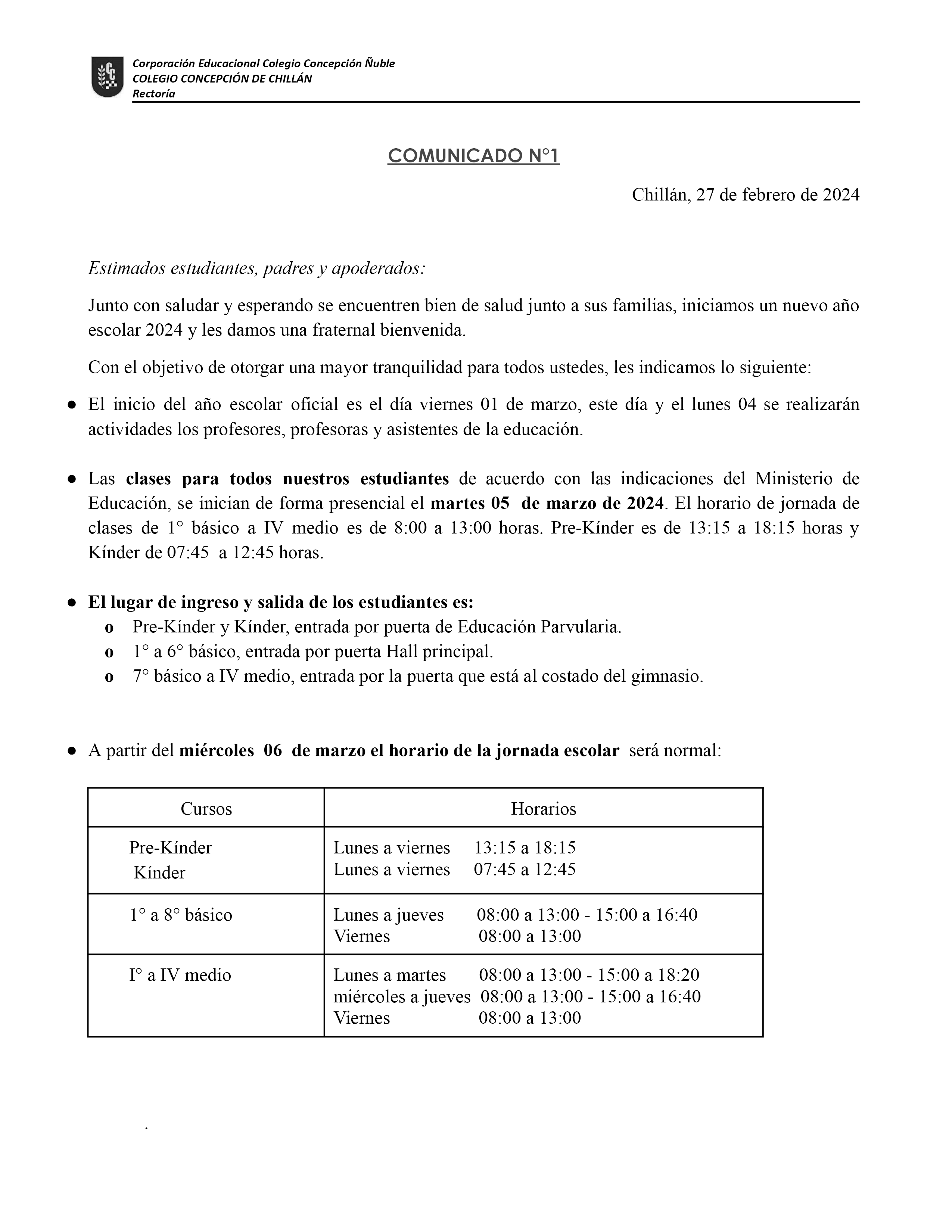 Comunicado nº 1 - Inicio Año Escolar - Colegio Concepción de Chillán